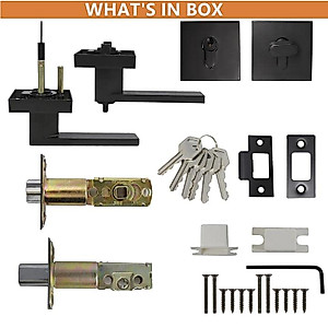 Probrico Square Entry Levers and Single Cylinder Deadbolts Combo Pack, Flat Black Keyed Alike Heavy Duty Keyed Entry Handles Locksets Reversible for Right and Left Side, 2 Pack(All Same Keys)