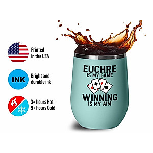 Flairy Land Euchre Teal Wine Tumbler 12oz - Euchre is my game - Euchre Card Game Set Euchre Score Keepers Player Partner Gifts
