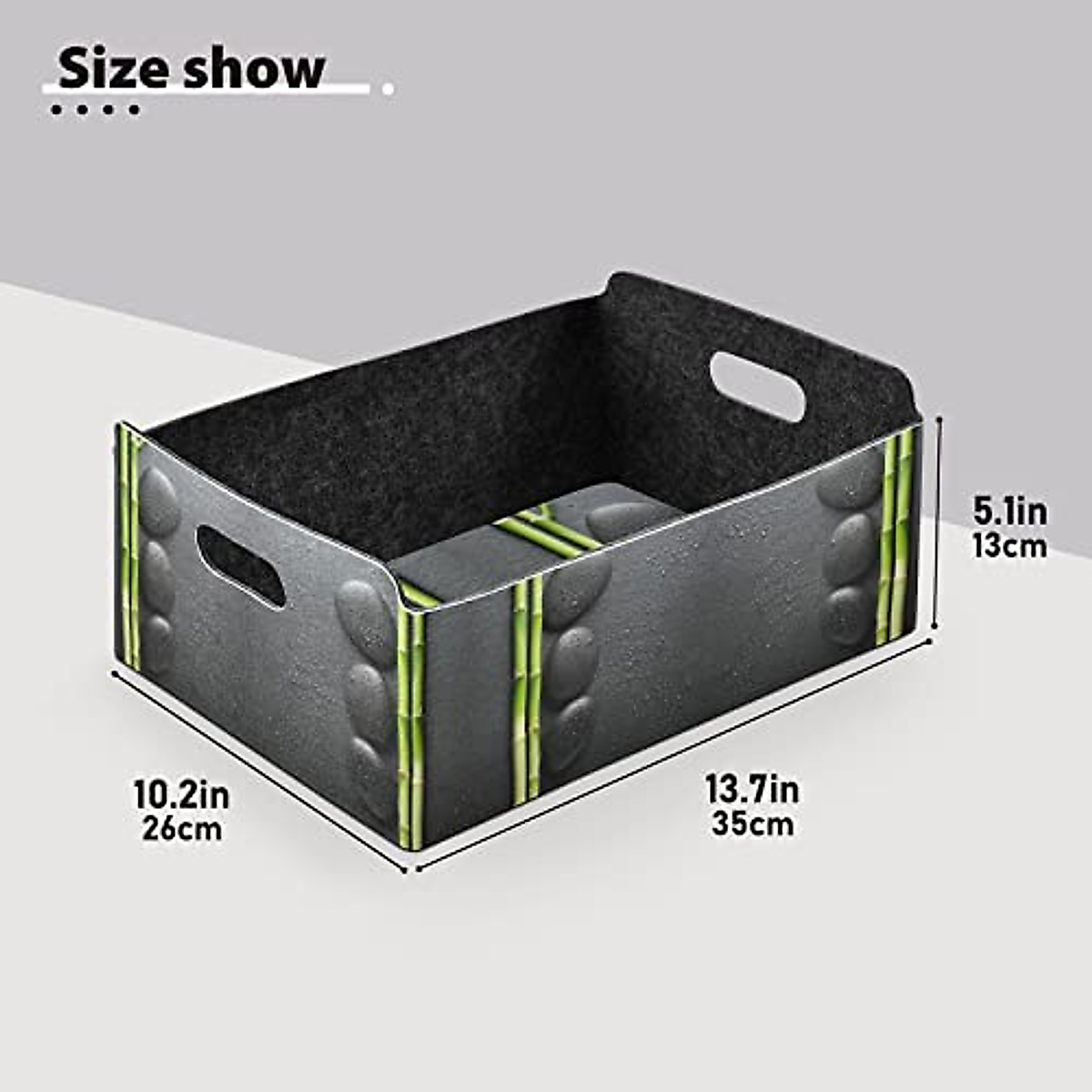 Poeticcity Black Zen Basalt Stones with Dew Green Bamboo on Dark Collapsible Felt Cloth Storage Box, Rectangular Desk Organizer Basket Bin, Detachable Laundry Hamper Plate Counter Holder Box