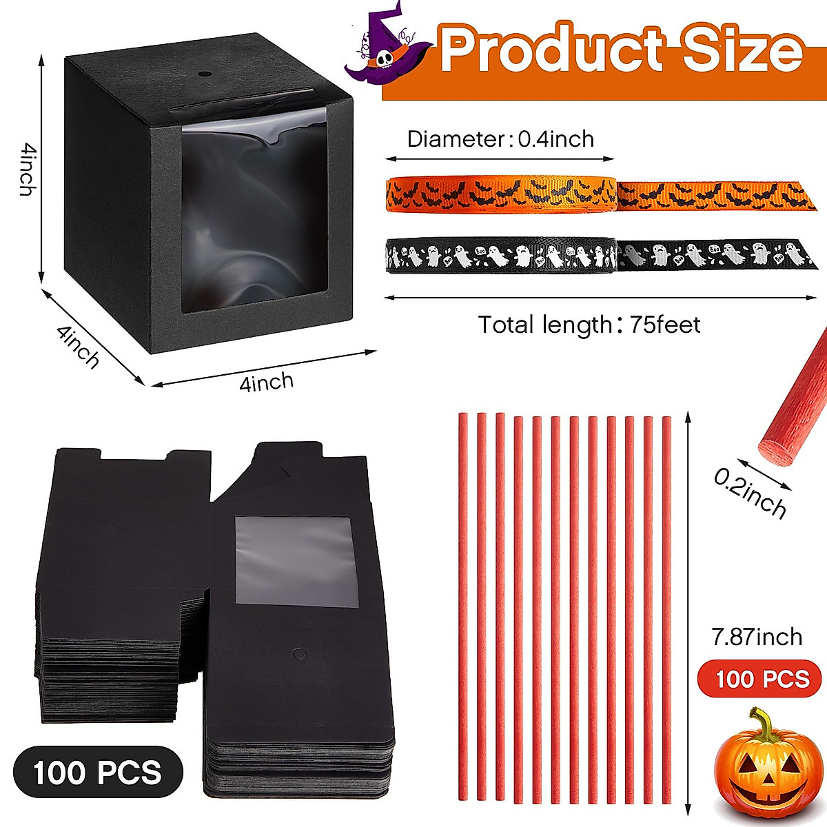 50 Sets Halloween Kraft Candy Apple Boxes with Hole Stick and Ribbons 4x4x4'' Window Clear Favor Boxes Candied Cake Cookies Chocolate Caramel Apple Boxes Gift Treat Boxes for Wedding Party (Black)