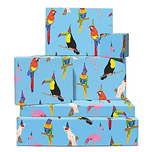 CENTRAL 23 Birthday Wrapping Paper For Kids Boys Girls - 6 Sheets Blue Gift Wrap - Party Birds Parrots Flamingo - Recyclable