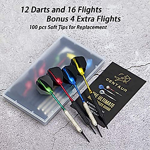 centaur 12 Pack Soft Tip Darts, Professional 18 Gram Plastic Tip Dart Sets with 4 Colors Premium Aluminum Shafts 100 Dart Tips 16 Dart Flights and Dart Case for Electronic Dart Board, Silver & Black