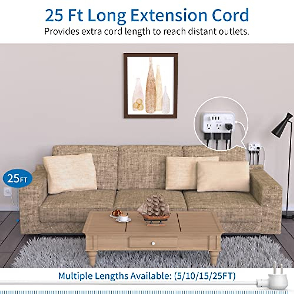 25 ft Long Cord Power Strip Bundle, NTONPOWER 6 Outlets 4 USB 25 ft Flat Plug Extension Cord Power Strip, 3 Outlets 3 USB Compact Power Strip with 25 Ft Cord, for Home, Office, Dorm Room Essentials