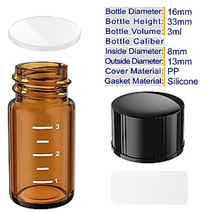 Sterile Empty Vials Small Glass Vials with Measuring Line,Brown/Clear Sample Vials with Screw Cap Liquid Sampling for Chemistry Lab Chemicals or Personal Storage (Amber,3ml 12pcs)