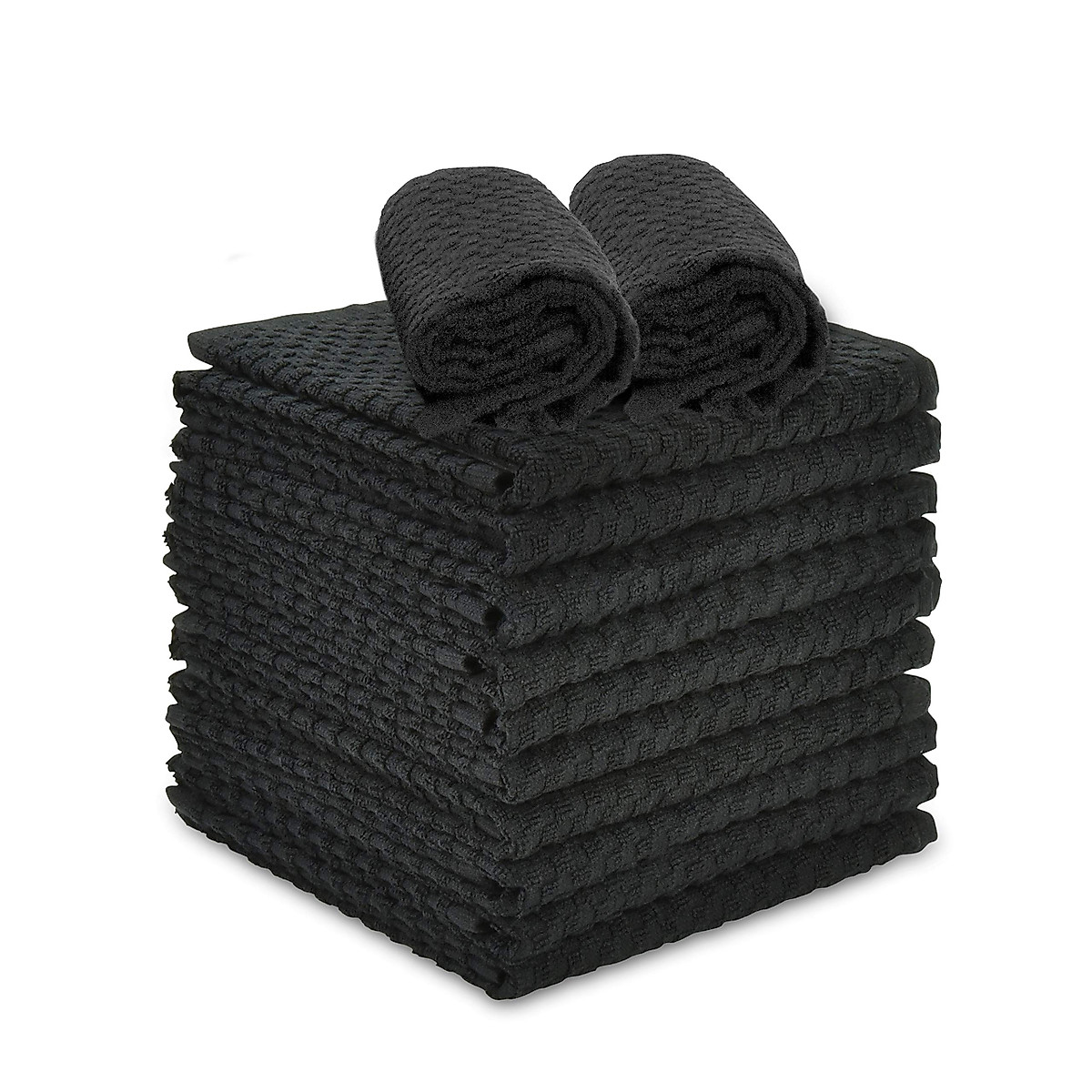 TALVANIA Kitchen Dish Towels, 100% Cotton Dish Cloths Dobby Weave, 12 Pack Soft and Absorbent Multipurpose Terry Towel Set, Hand Towel, Cleaning Cloth 15” X 25” Machine Washable Black