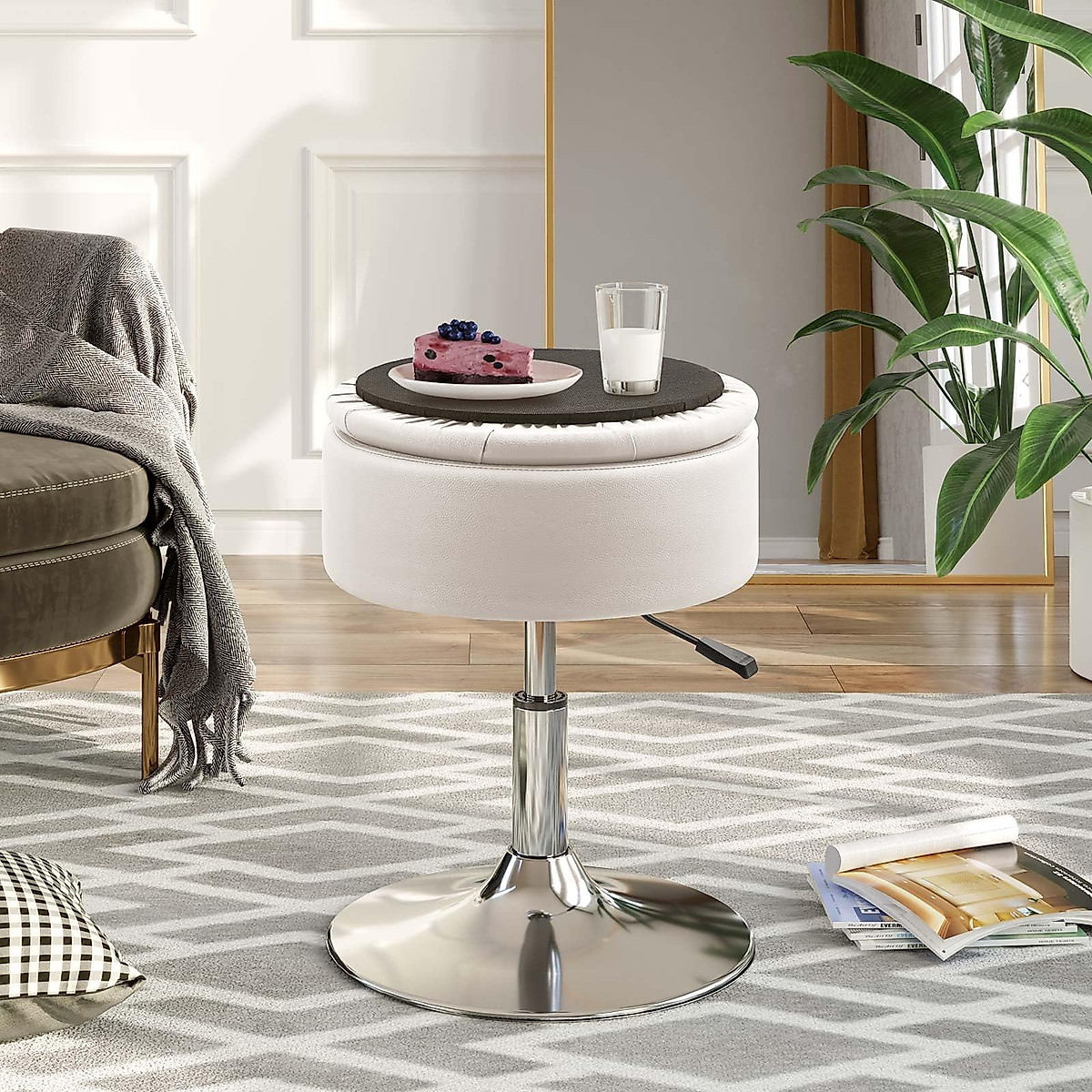 GREENSTELL Vanity Stool with Storage, 19" to 23" Height Adjustable PU Leather Vanity Chair, 360° Swivel Makeup Stool with Removeable Tray, Modern Ottoman for Bedroom Bathroom, White