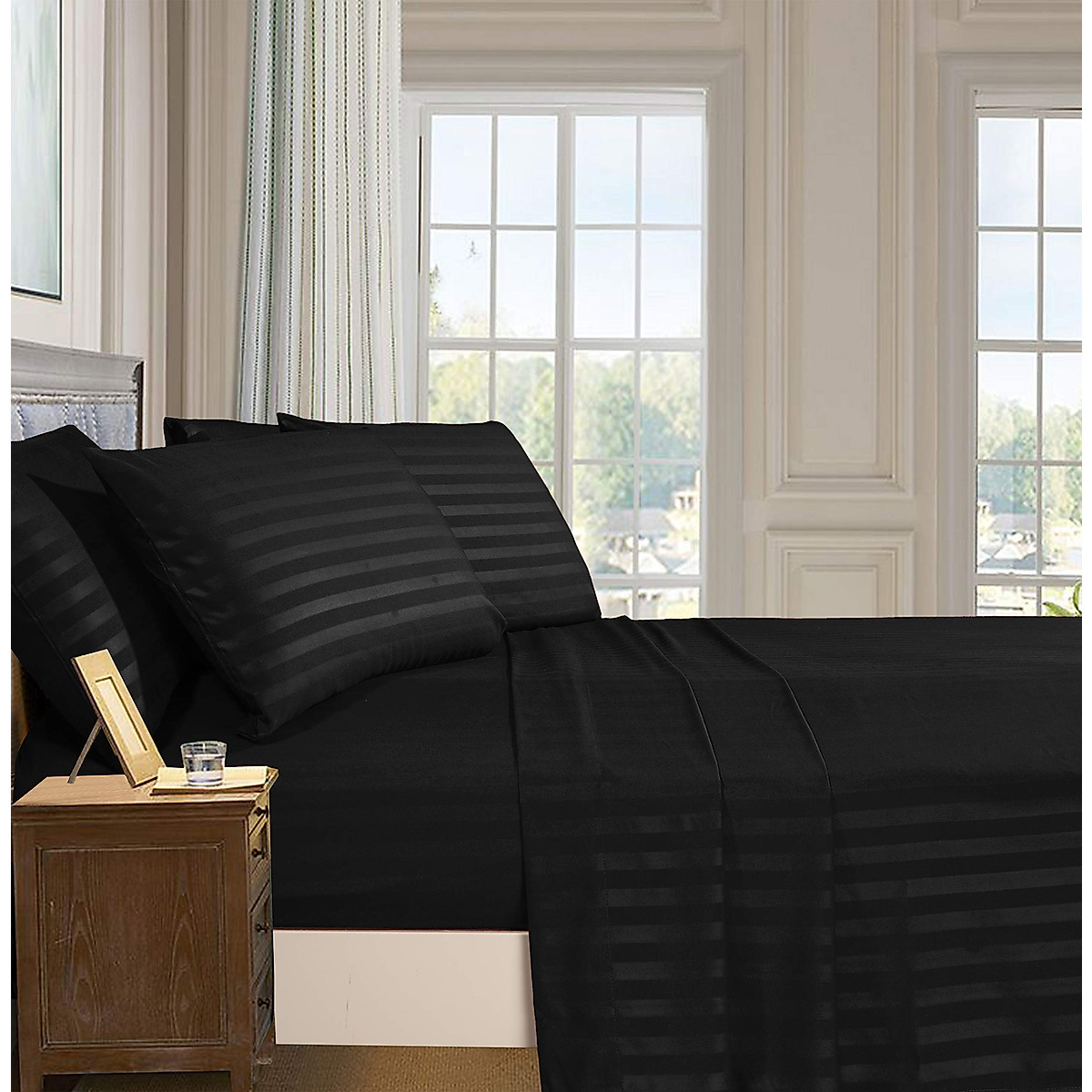 Elegant Comfort Best, Softest, Coziest 6-Piece Sheet Sets! - 1500 Premier Hotel Quality Luxurious Wrinkle Resistant 6-Piece Damask Stripe Bed Sheet Set, Full Black