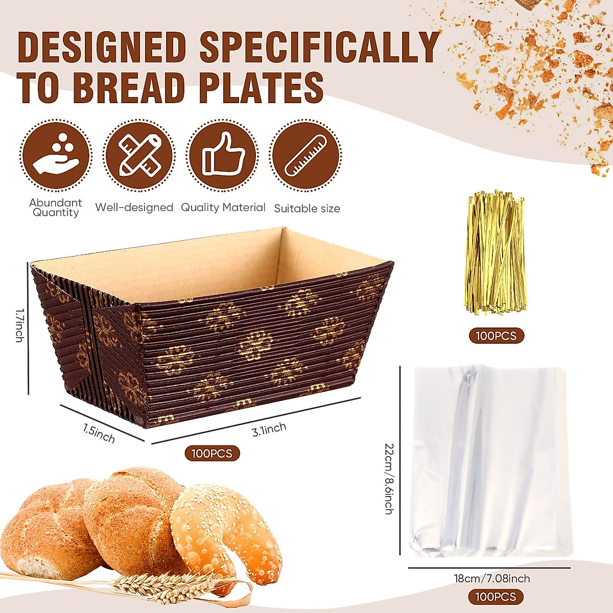 Sabary 100 Pcs Mini Disposable Paper Loaf Pan with Clear Plastic Bread Bags, 3.1 x 1.5 x 1.7 Inch