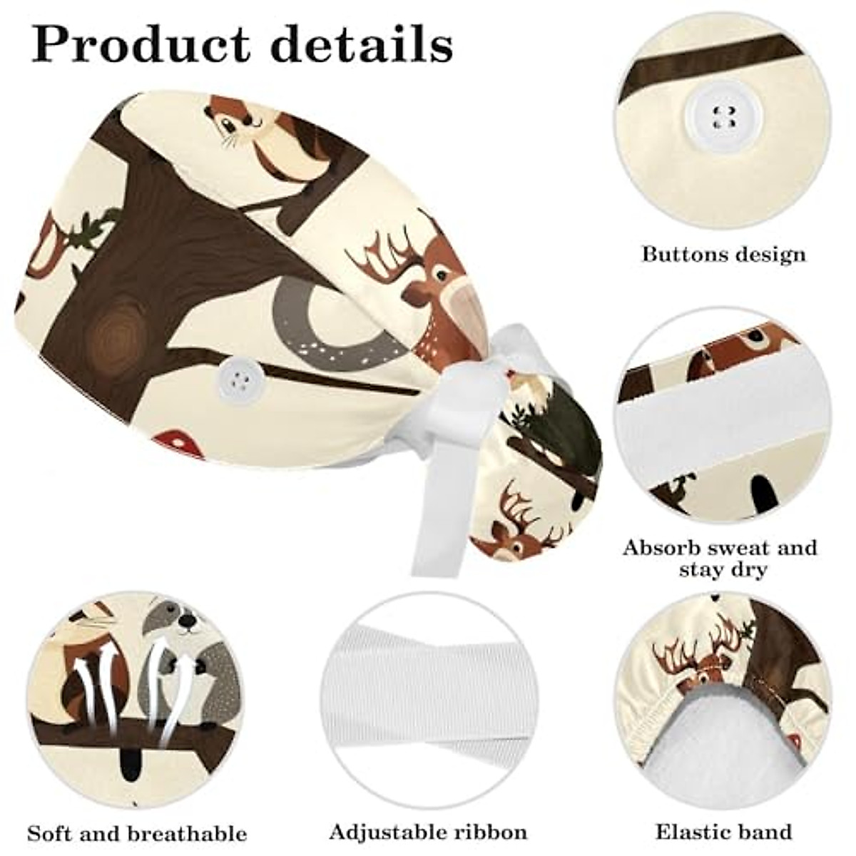 Scrub Surgical Hat,Cycling Hat with Buttons and Cotton Sweatband,Sloth and Owl Deer