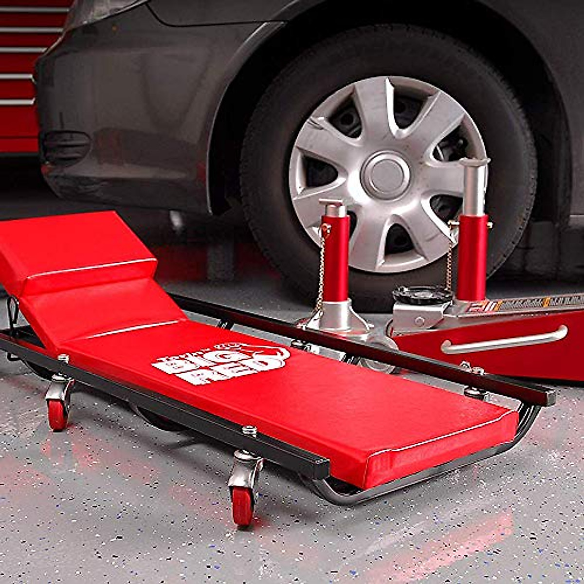 BIG RED TR6452 Torin Rolling Garage/Shop Creeper: 40" Padded Mechanic Cart with Adjustable Headrest and 6 Casters, Red