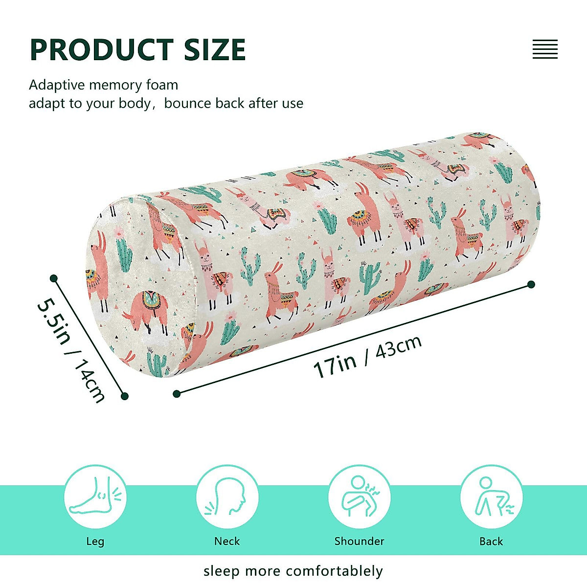 Llama Cloud Flowers Cacti Neck Support Pillow Round Neck Roll Bolster Cylinder Pillow Cervical Pillows Shoulder Pillow for Leg Knee Back Head Support for Study Work Men Women