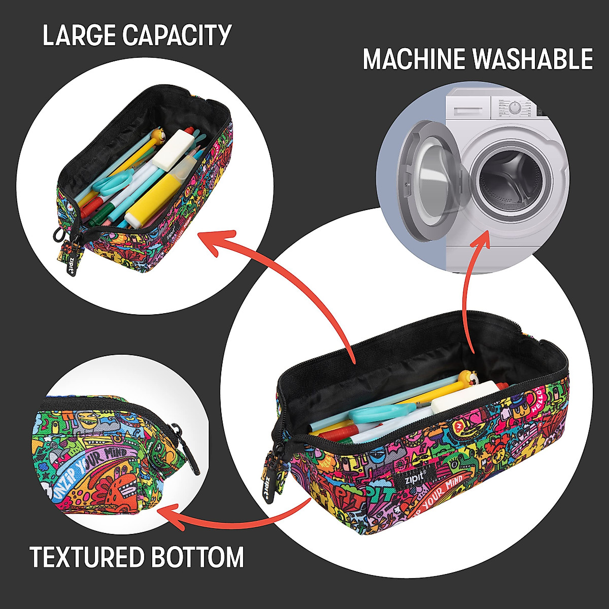 ZIPIT Lenny Pencil Case | Large Capacity Pencil Pouch | Pencil Bag for School, College and Office (Colorful)