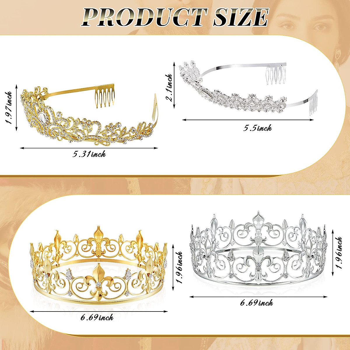 Juexica 6 Pieces Prom King Crown Metal Baroque King and Queen Prince Princess Crystal Headband Tiara Crown Wedding Bridal Accessories for Women Men(Gold, Silver, Elegant Style)
