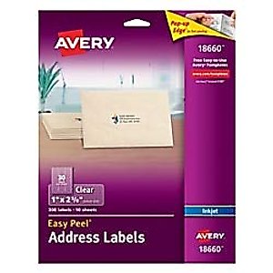 Avery 18660 Matte Clear Easy Peel Address Labels, Inkjet, 1 X 2 5/8, 300/Pack