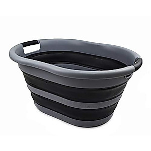 SAMMART 36L (9.5 gallon) Collapsible Plastic Laundry Basket - Oval Tub/Basket - Foldable Storage Container/Organizer - Portable Washing Tub - Space Saving Laundry Hamper, Water Capacity: 28L (7.4 gallon) (1, Grey/Black)