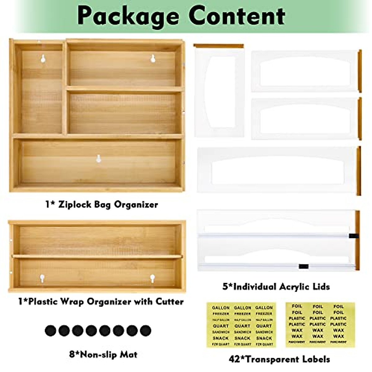 6 in 1 Ziplock Bag Organizer, Separate Bamboo Plastic Bag Organizer, Foil Dispenser with Cutter, with Acrylic Lid, Label, for Sandwich Snack Gallon Quart Bag, for Housewarming Mother's Day Gifts