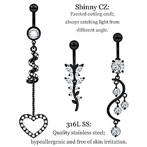 Uzgtvy 14G Belly Button Ring for Women Stainless Surgical Steel Belly Ring Dangle Curved Barbells Bar Black Dangling Belly Button Navel Ring Belly Vch Body Piercing Jewelry 10mm CZ Diamond Gem