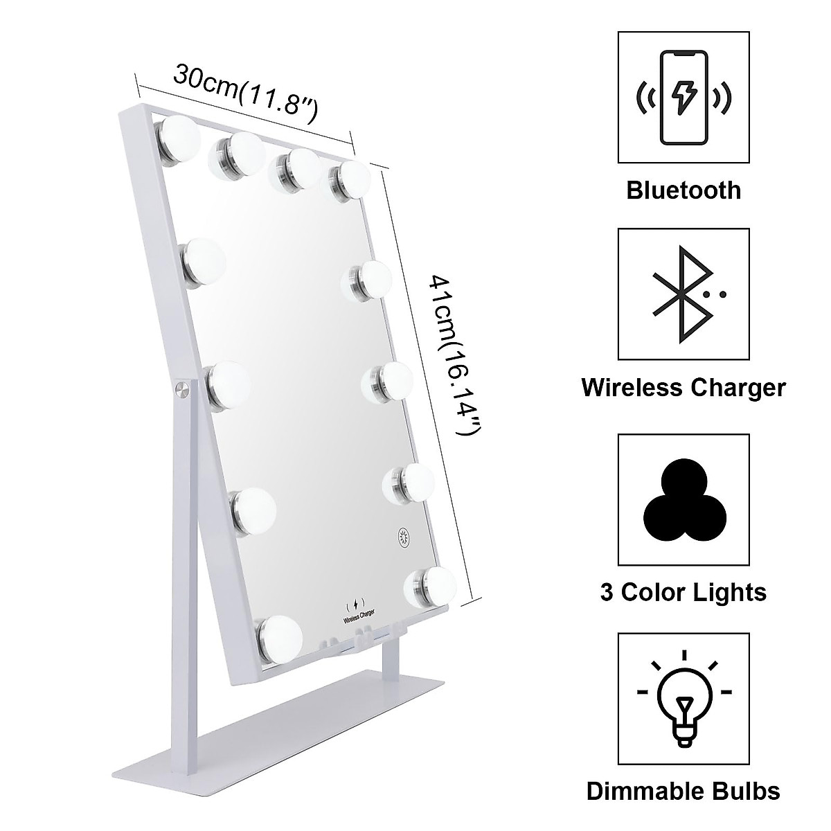 Fenair Hollywood Vanity Mirror with Lights Speaker and Wireless Charging Lighted Makeup Mirror with 12 LED Lights Upgrated Hollywood Mirror with Dimmable Lights