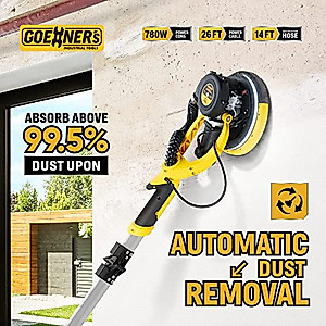 Drywall Sander, Electric Drywall Sander with Vacuum, 7 Variable Speed, 900-1800RPM, Labor-Saving Handle and Patented Fixture for Ceiling Sanding, LED Light, 14ft Dust Hose,26ft Power Cable,Storage Bag