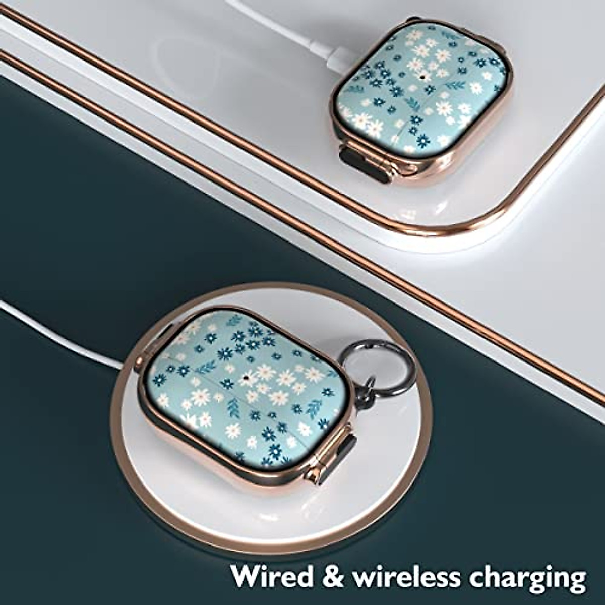 TATOFY case for AirPods Pro 2, AirPods Pro, Lock AirPod Pro 2 Case for Women, Flora Hard case with Carabiner, Support Wireless Charging, LED Visible (Cyan)