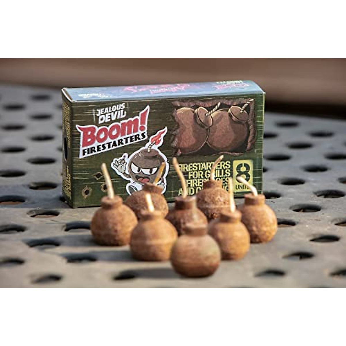 Jealous Devil Boom! Firestarters 8 Pack, 100% Natural Made from Coconut Fiber, No Smoke and Odorless, Waterproof, 20-Minute Long Burn for BBQ Lump Charcoal, Briquettes, Fireplace, Camping and More