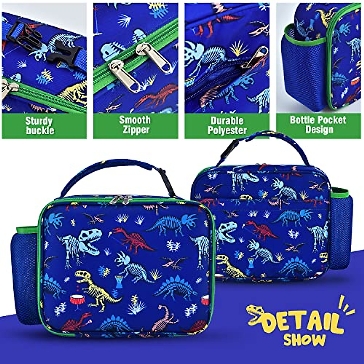 Fossils Dinosaur Lunch Box - Insulated Kids Lunch Box for Boys Lunch Bag School Preschool Kindergarten Elementary Picnic Lunch Tote Bag Waterproof Reusable Lunchbox with Handle and Pocket