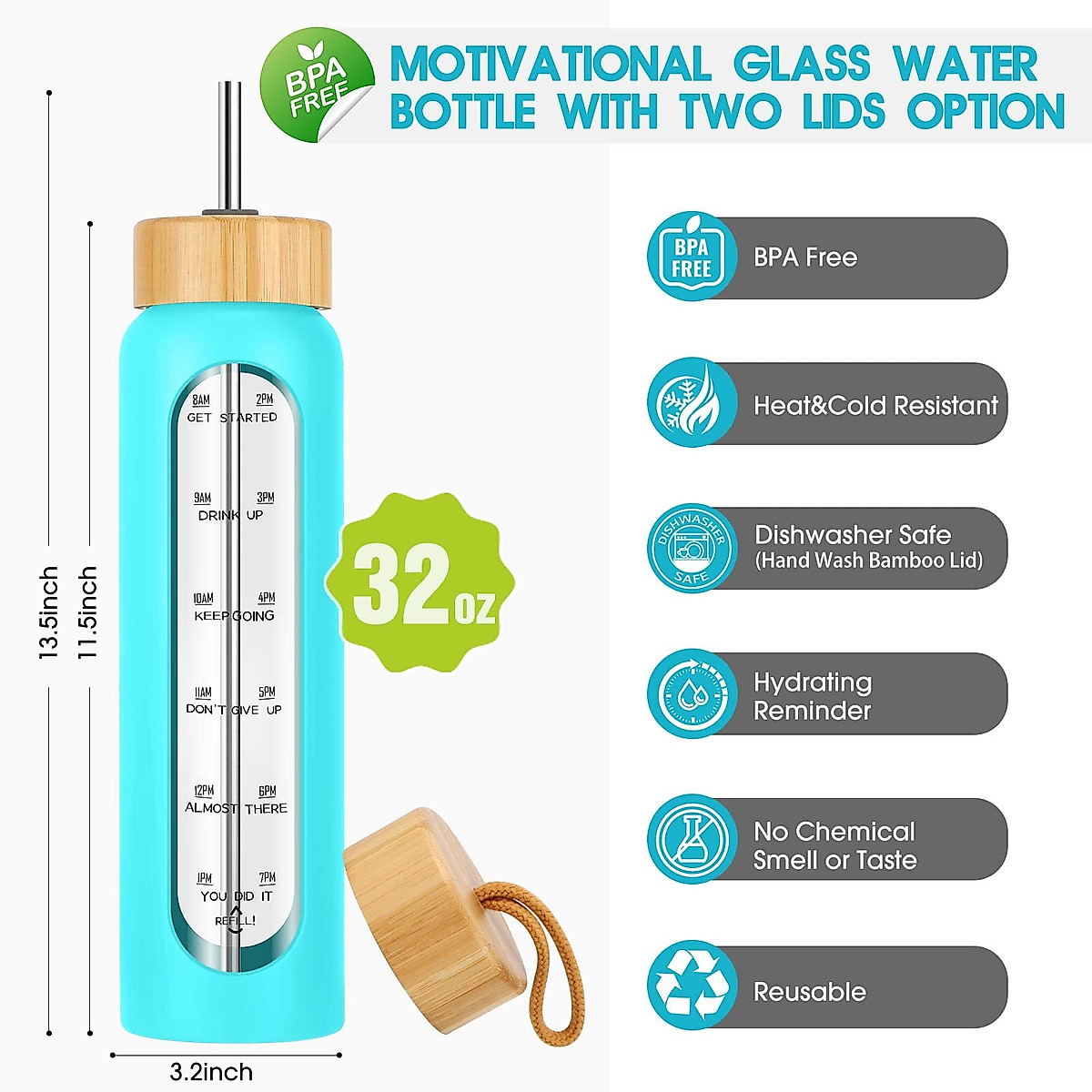 SipZest 32 oz Glass Water Bottles with Straw - Motivational Glass Water Bottle with Time Marker & Silicone Sleeve - Reusable Glass Tumbler Includes 2 Bamboo Lids & Fruit Infuser - 1 Pack