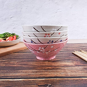 Whitenesser Japanese Ramen Bowls Set of 4 Color - Large 7 Inch - Japanese Plum Ceramic Bowls For Dessert Snack Cereal Soup Reman Noodle and Rice