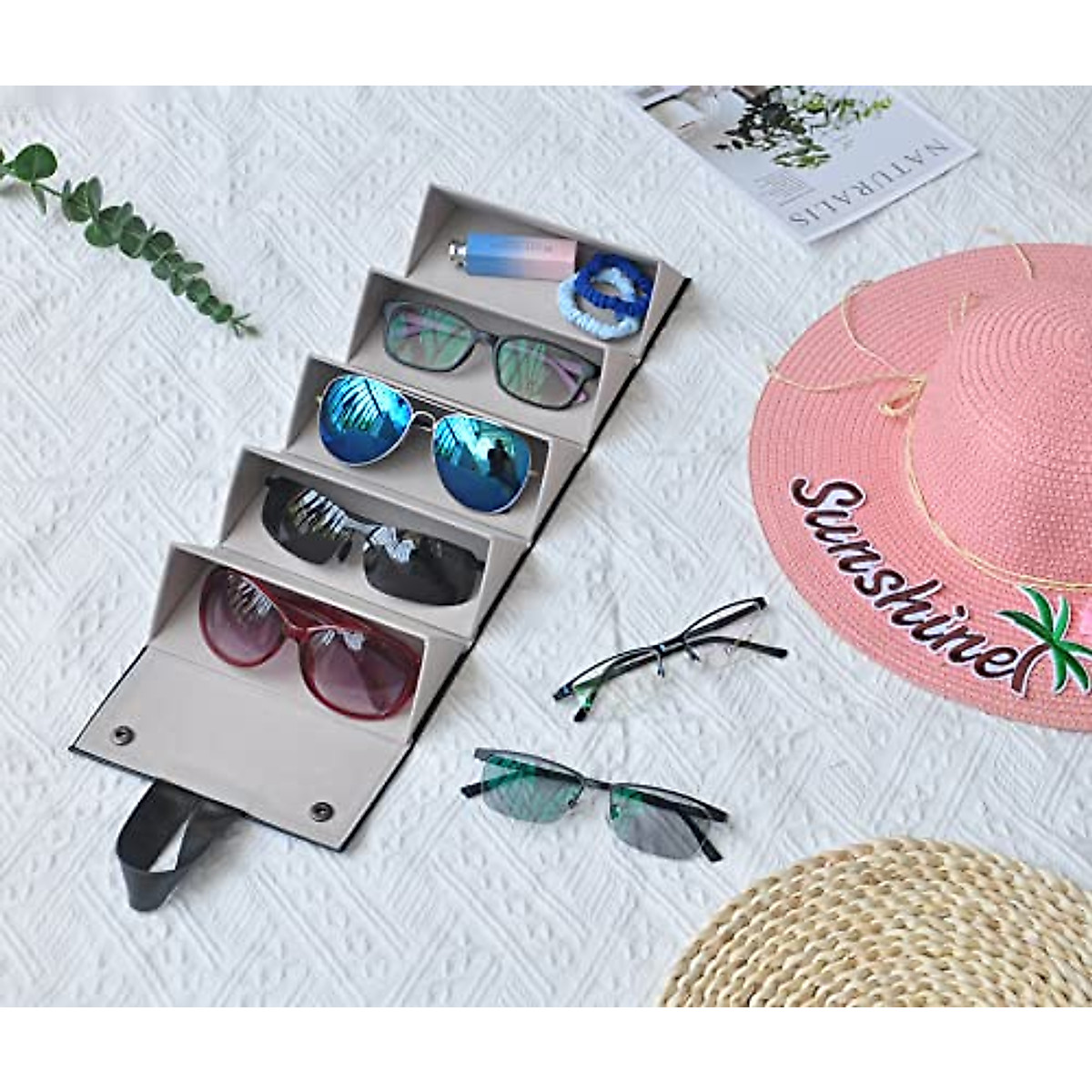 YANLAEH Travel Sunglasses Organizer Case 5 Slot Foldable Leather Multiple Eyeglasses Storage Holder Stand Hard Shell (Black)