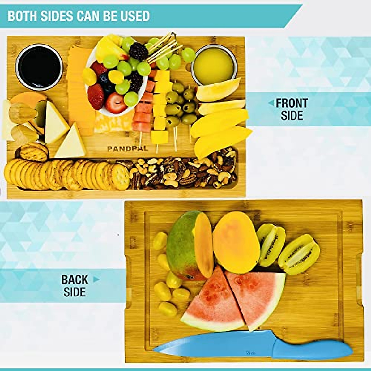 Bamboo Cheese Board Set, Charcuterie Food Serving Tray - Included Stainless Steel Knives & Bowls, Extra Large [16x11x1] Wooden Cutting Board Platter for Wine, Cracker, Brie, Meat, Dip, Chip by PandPal