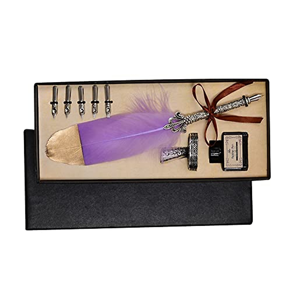 Quill Pen Set Feather Pen and Ink Set, Antique Calligraphy Dip Pen with Ink, 5 Replacement Nibs, Pen Stand Base, Luxury Vintage Signature Pen for Invitations Letters (Purple)