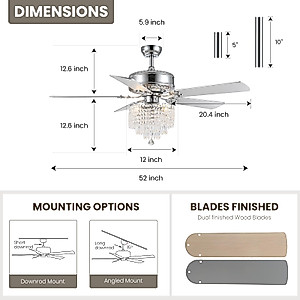 Moooni 52 Inch Modern Crystal Ceiling Fan with Lights and Remote, Elegant Chandelier Fan Light KIt Fandelier with 5 Wooden Blades for Bedroom Living Room Silver