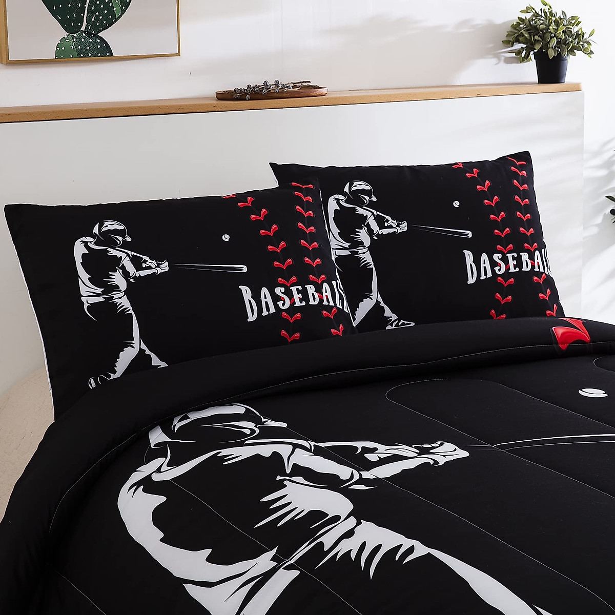 MWMWMW Boys Queen Comforter Set, Sports Theme Baseball Bedding Set for Kids Girls Teens, 3 PCs Soft Microfiber Baseball Player Blanket, 1 Comforter with 2 Pillowcases