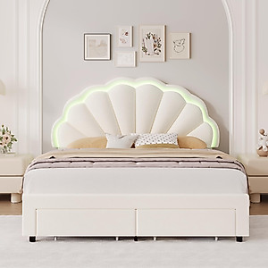 HIFIT Full Size Upholstered Smart LED Bed Frame with 2 Storage Drawers and Adjustable Chic Double Petal Headboard, Princess Platform Bed for Girls, Solid Wood Slats Support/No Box Spring Needed, Beige