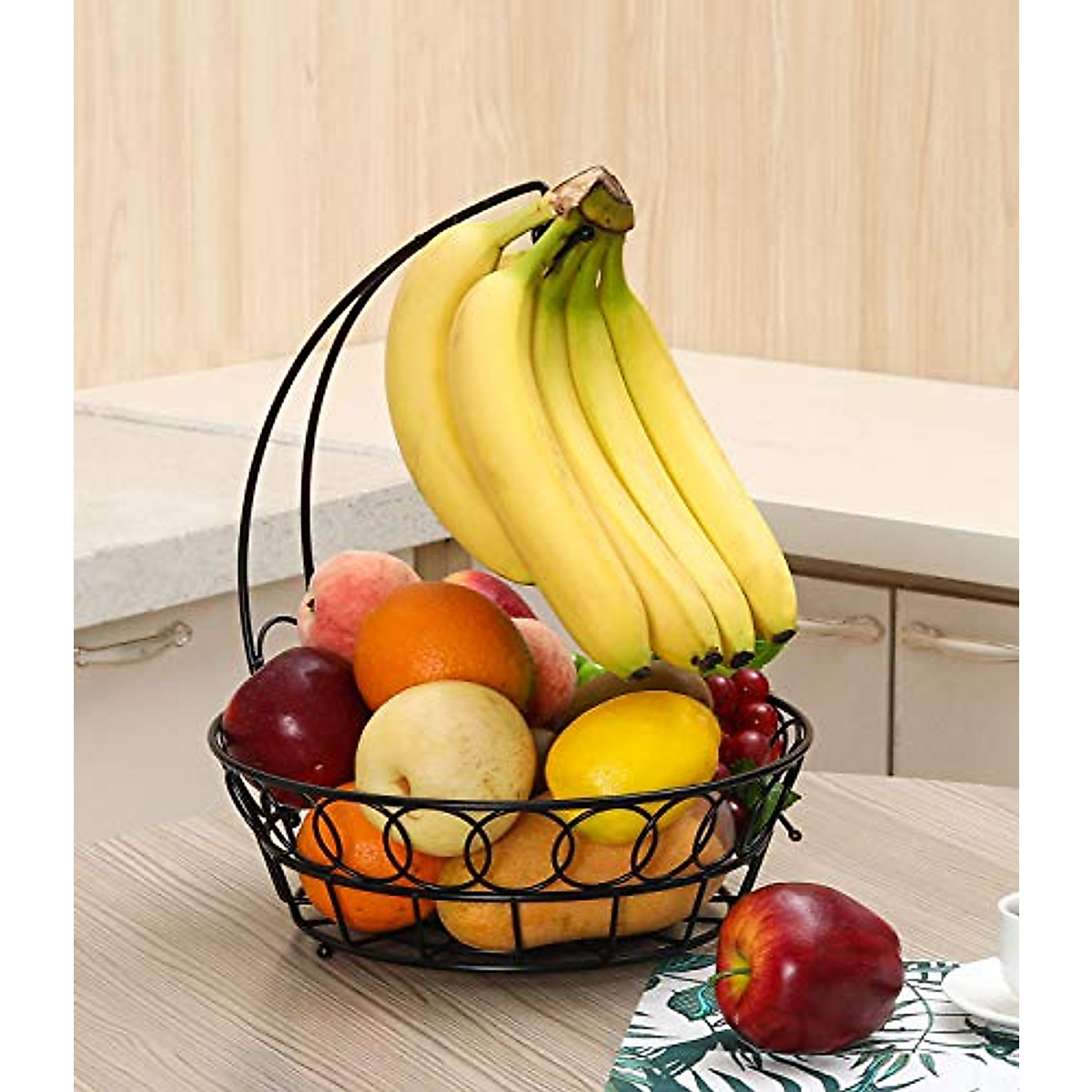 TQVAI Wire Fruit Basket Bowl with Banana Hook Hanger, Black