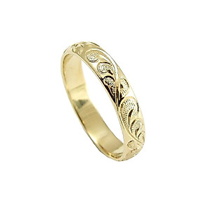 Arthur's Jewelry 14K yellow gold custom hand engrave Hawaiian queen plumeria scroll band ring 4mm size 10