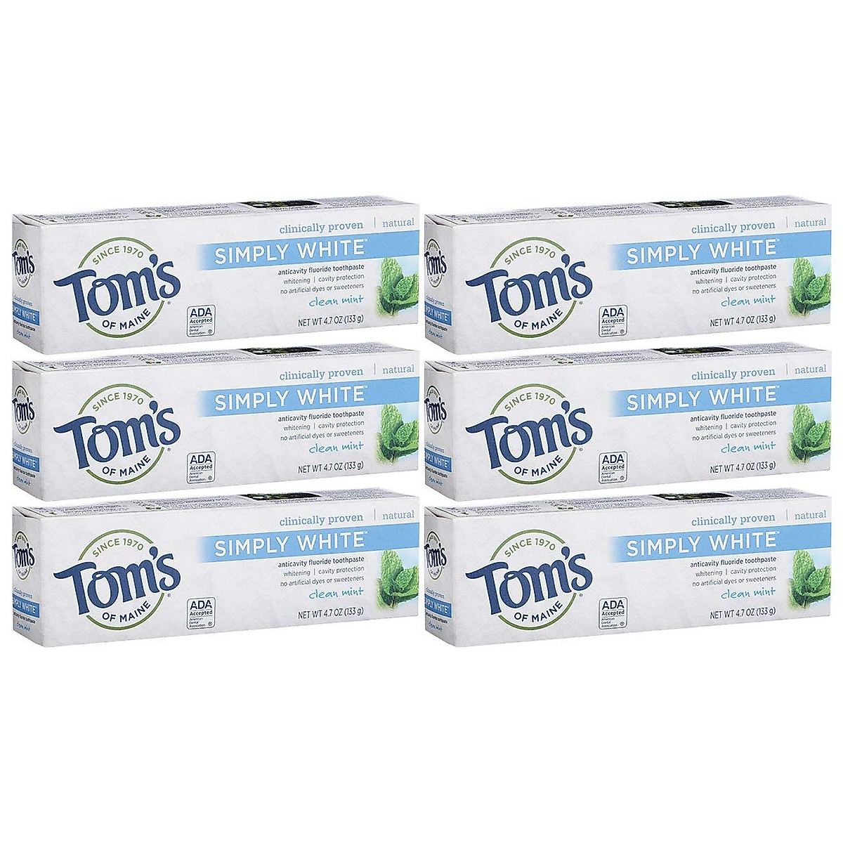 Tom's of Maine Natural Simply White Fluoride Toothpaste, Clean Mint, 4.7 oz. 6-Pack (Packaging May Vary)