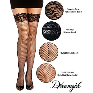 Dreamgirl Women’s Fishnet Thigh High Stockings with Silicone Lace Top and Back Seam