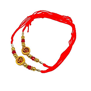 ZYRENA Rakhi for Brother Bhaiya Bhabhi, Gift Rakhi for Family, Raksha Bandhan Festival Rakhi for Bhaiya and Bhabhi, Round Om Pendant with Red-Golden Beads and Rings Rakhi Thread, Pack of 2