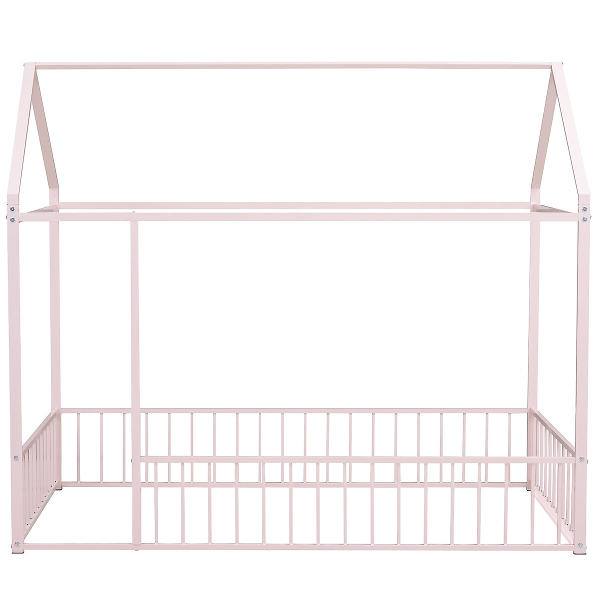 Aiuyesuo Playhouse Design Twin Size House Bed with Fence, Metal Montessori Floor Bed Frame with Roof for Toddler, Kids, Teens, Girls, Boys, No Box Spring Needed (Pink-T9)