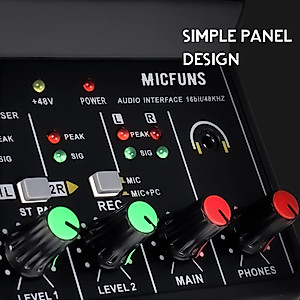 Mini 2 channel audio DJ mixer console interface with 48V phantom power Combo Jack Microphone/Guitar XLR+6.35mm, 3.5mm Stereo in, Headphone Jack for studio live show,party recording