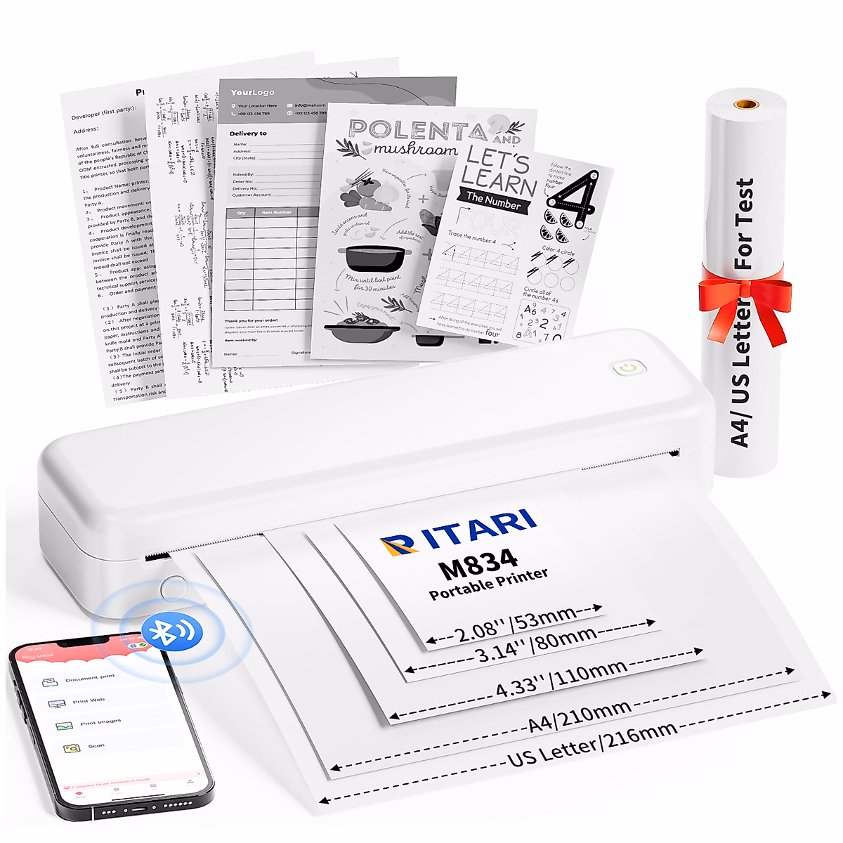 Itari M834 Upgraded Portable Printer, Bluetooth Thermal Printer, Wireless Inkless Printer Support 8.5" X 11" US Letter & A4 Thermal Paper for Office, Home, Travel, Compatible with Phone & PC, White