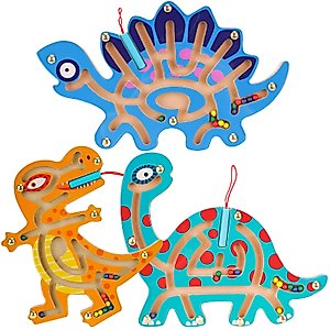 NiToy 3-Pack Wooden Magnetic Maze Toys for Kids 3+, Dinosaur Interactive Puzzle Game Boards Montessori Labyrinth STEM Activity Child Fine Motor Skill Development Preschool Birthday Gifts (3 Dinosaurs)