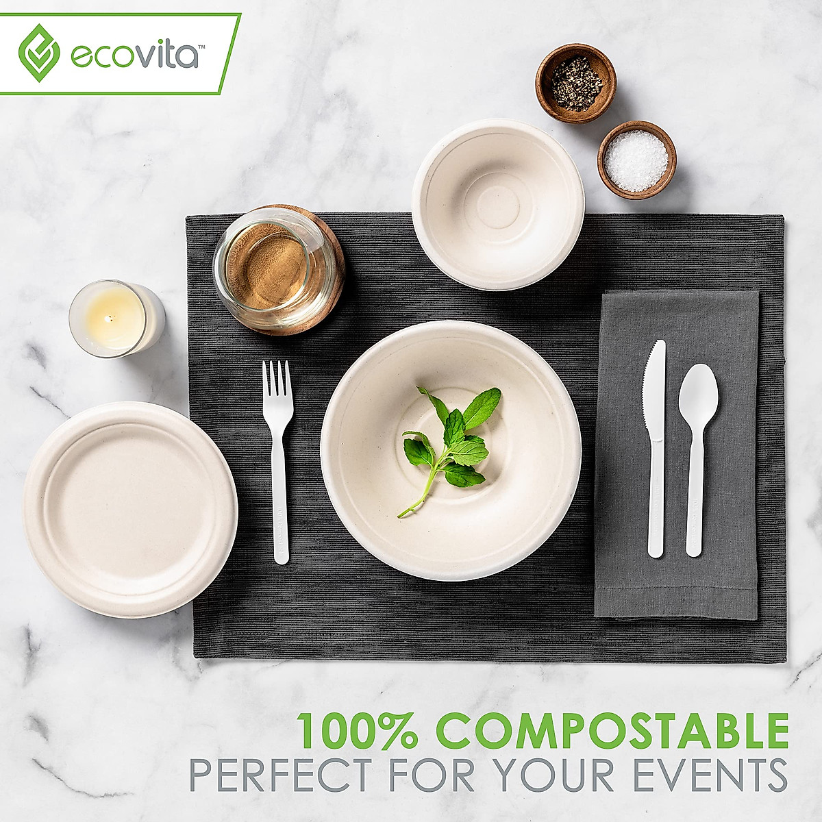 Ecovita 100% Compostable Paper Bowls [12 oz.] – 150 Disposable Bowls Eco Friendly Sturdy Tree Free Liquid and Heat Resistant Alternative to Plastic or Paper Bowls