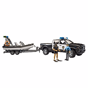 Bruder RAM 2500 Police Pickup with L + S Module Trailer, Boat and 2 Figures