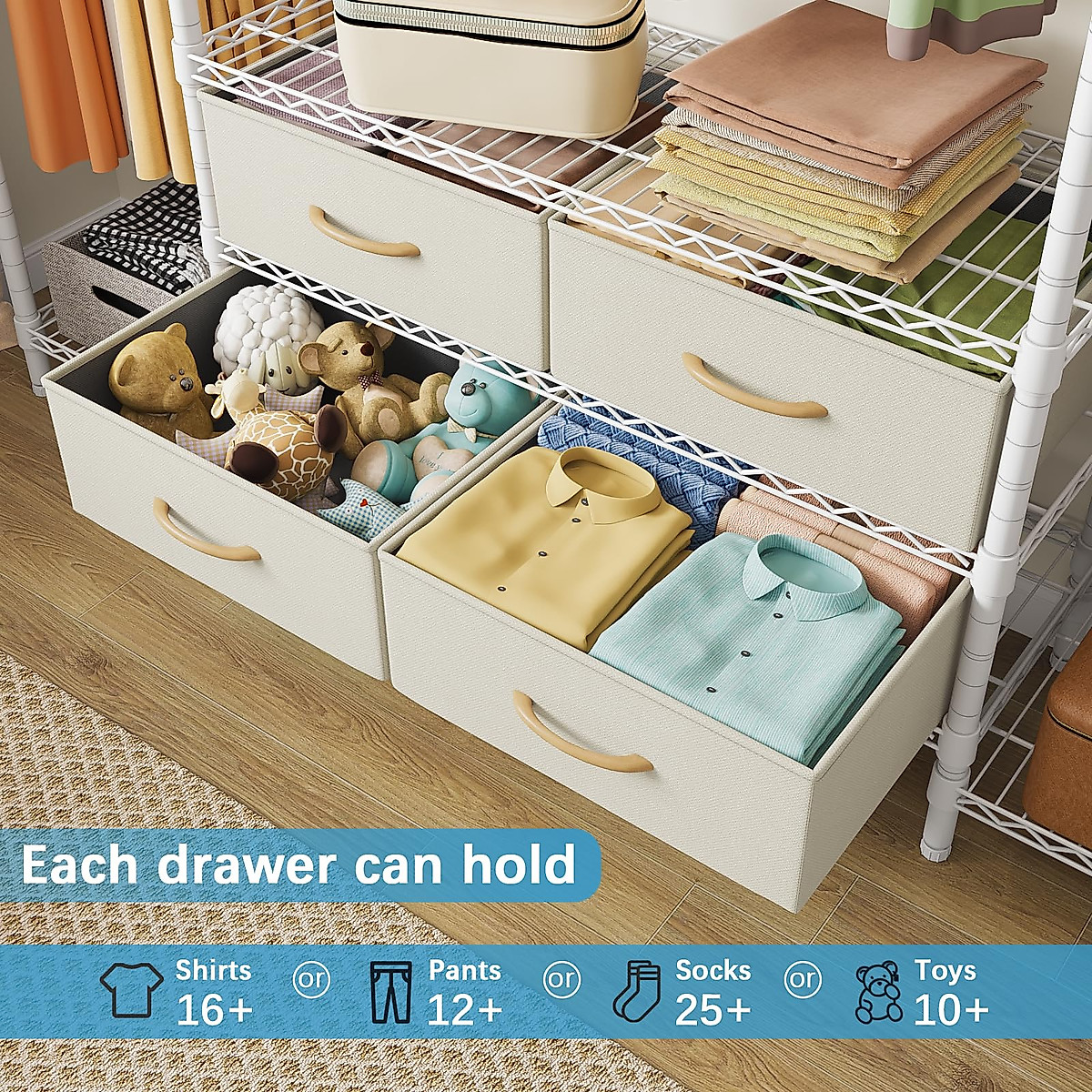 VIPEK V20 Wire Garment Rack Heavy Duty Clothes Rack, Metal Clothing Rack with 6 Shelves, 3 Hang Rods & 4 Fabric Drawers, Compact Freestanding Closet Wardrobe, 56.7" L x 14.6" W x 70.9" H, White