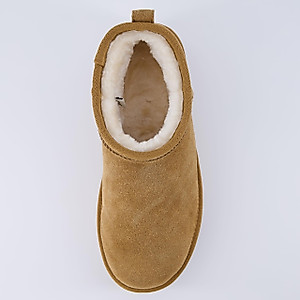 CUSHIONAIRE Hippy Women’s Platform Ankle Boots – Genuine Suede, Faux Fur Lining, Cozy Winter Slip-On Design boots for women, CHESTNUT 11