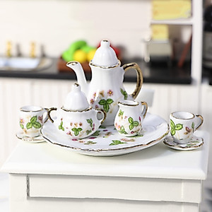 Dollhouse Tea Cup Sets 1:6 Scale Miniature Porcelain Dollhouse Accessories 8PCS Flower Pattern Teapot Platter Dish Sets Dollhouse Kitchen Supplies Decoration (Green)