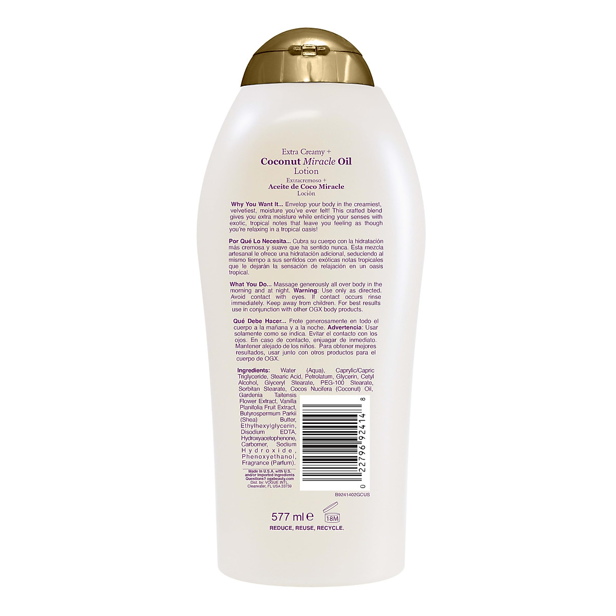 OGX Extra Creamy + Coconut Miracle Oil Ultra Moisture Body Lotion with Vanilla Bean, Fast-Absorbing Lotion for All Skin Types, Paraben-Free and Sulfated-Surfactants Free, 19.5 fl oz