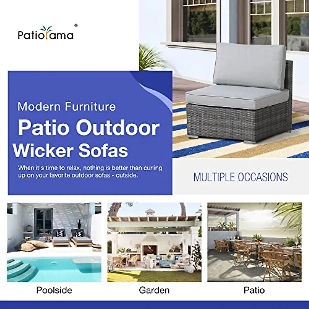 Patiorama Patio Armless Sofa, Outdoor Single Sofa, All-Weather Grey PE Wicker Rattan Sectional Sofa, Additional Chair for Furniture Set, Patio Seating for Balcony Garden Pool (Light Grey Cushion)